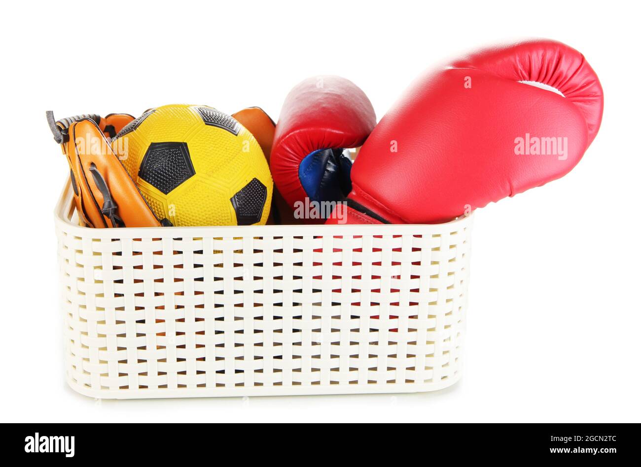 Plastic basket with sports equipment isolated on white Stock Photo - Alamy