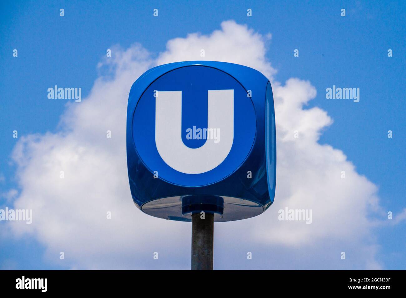 Vienna, Austria, July 23, 2021. Austria, U-Bahn sign on a blue cube ...