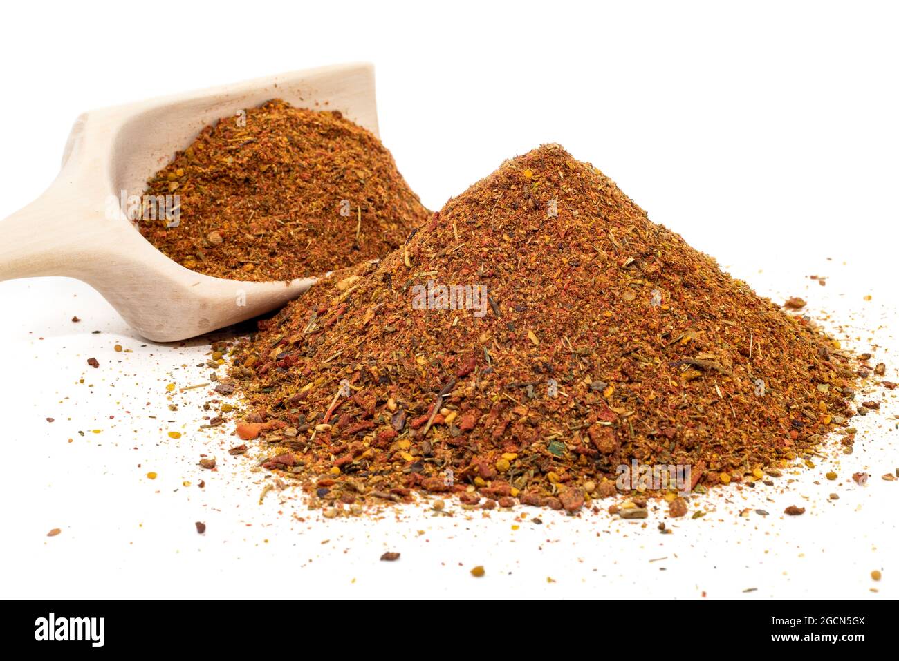 Spices. A slide of different types of spices close-up on a white ...