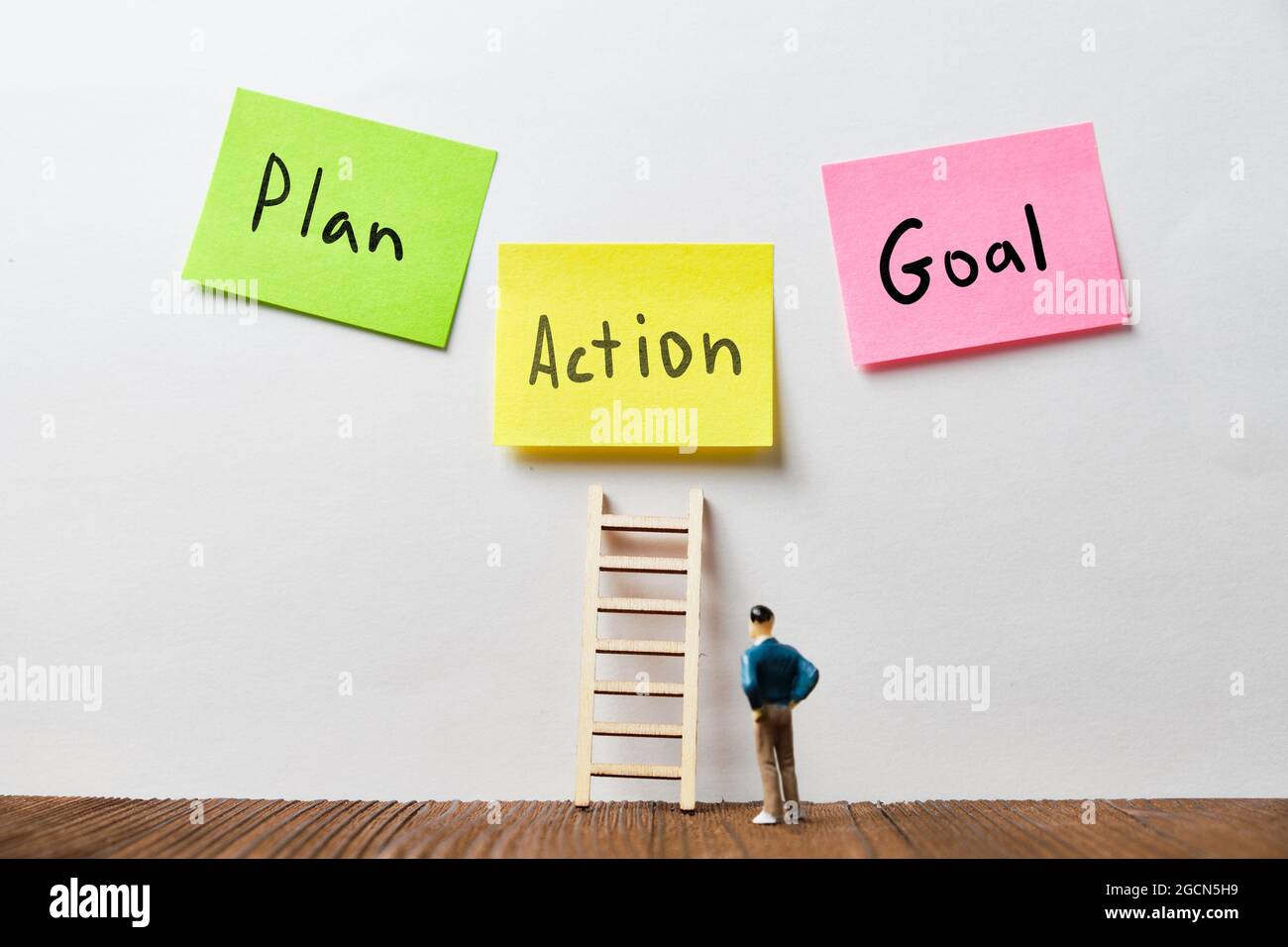 Business concept with inscriptions of goal, plan and actions on ...