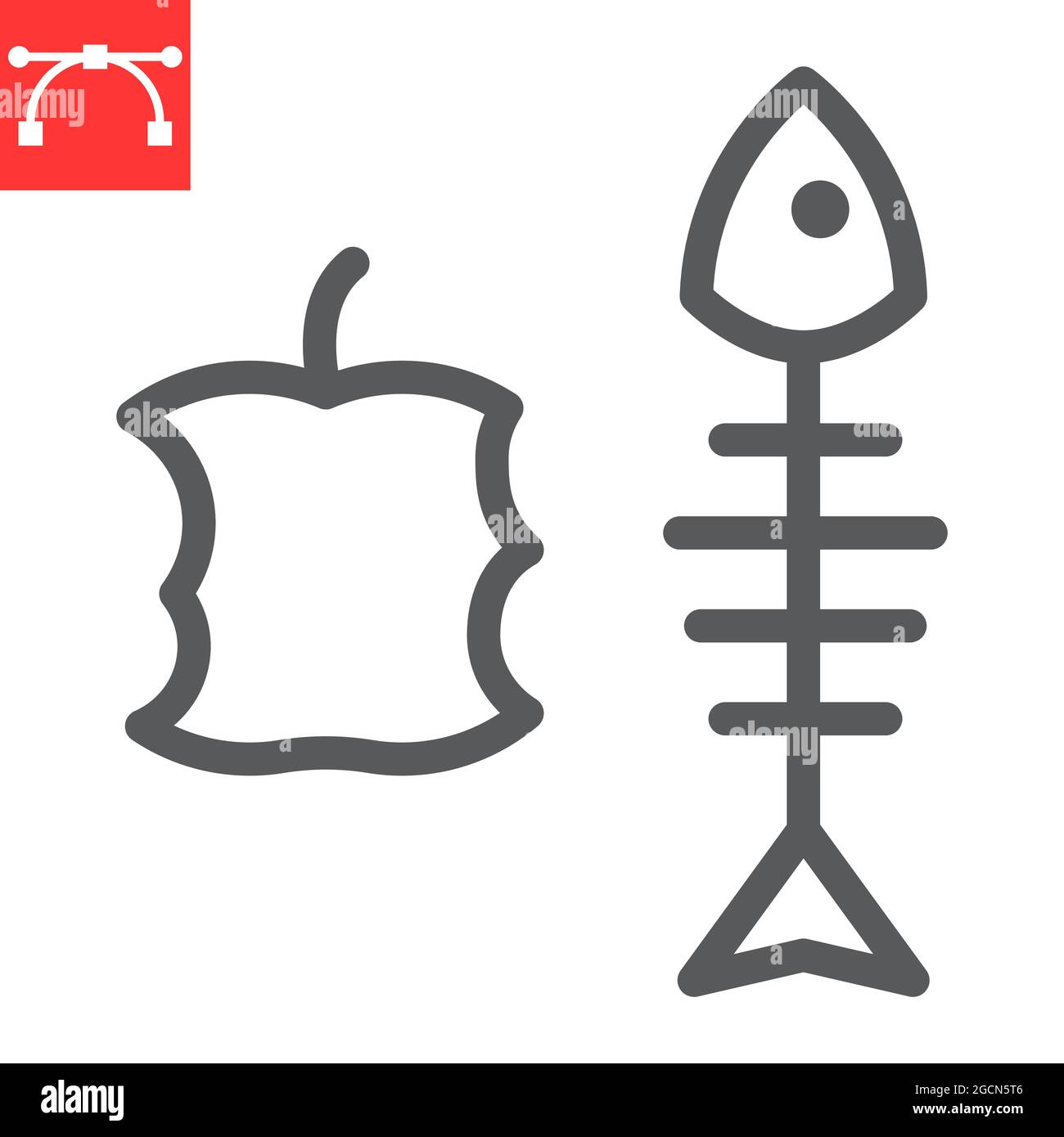 Organic waste line icon, apple core and fish skeleton, food waste ...