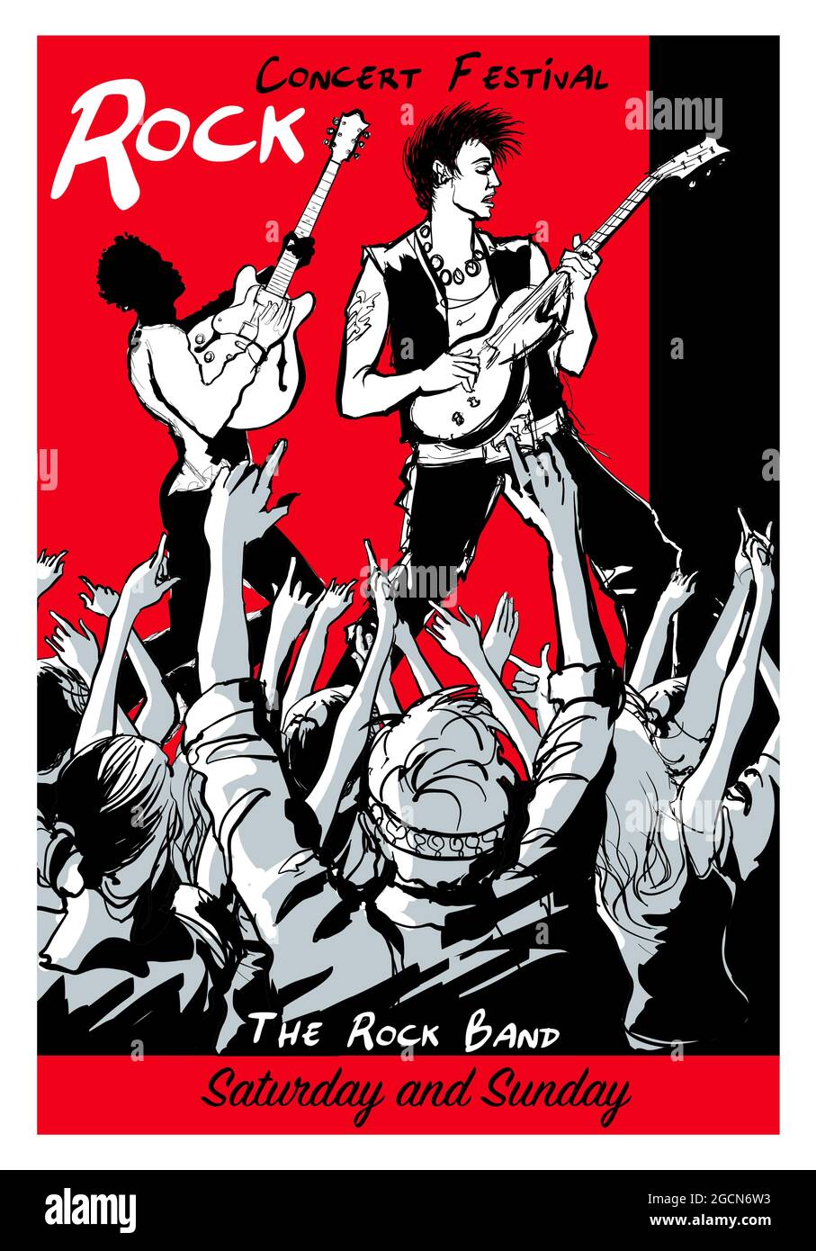 Rock music concert poster with two guitarists and crowd applauding them ...