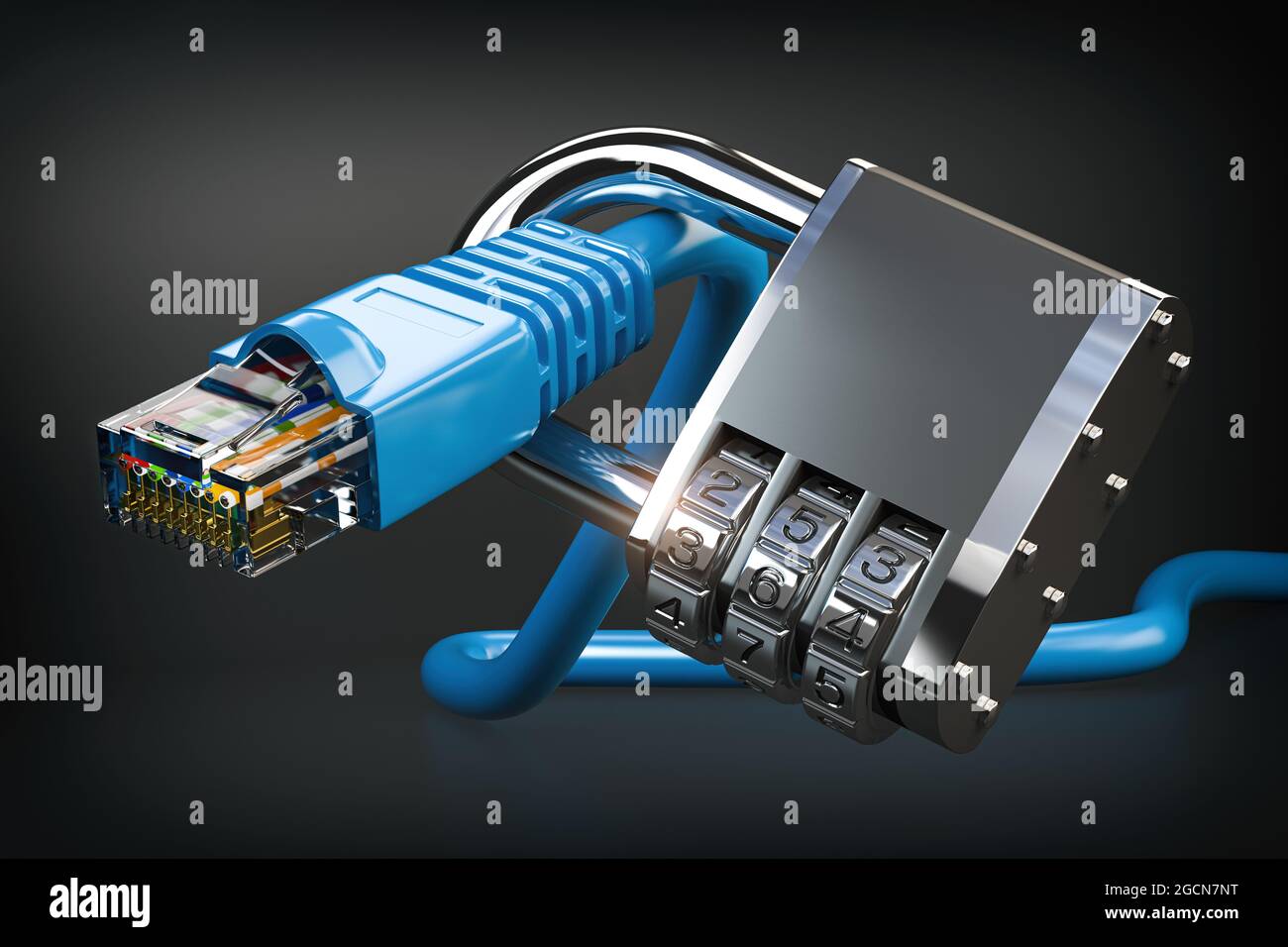 Network ethernet cable locked with code lock. Internet security, vpn ...