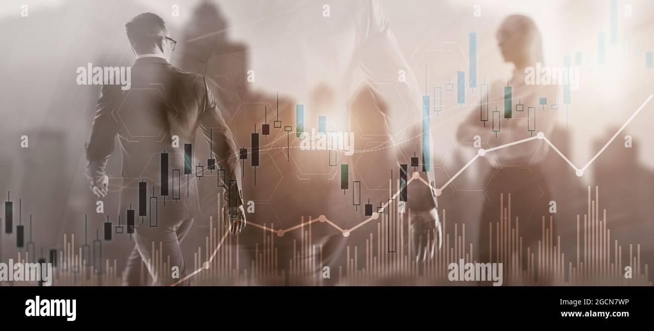Trading candlestick chart and diagrams on blurred office center ...