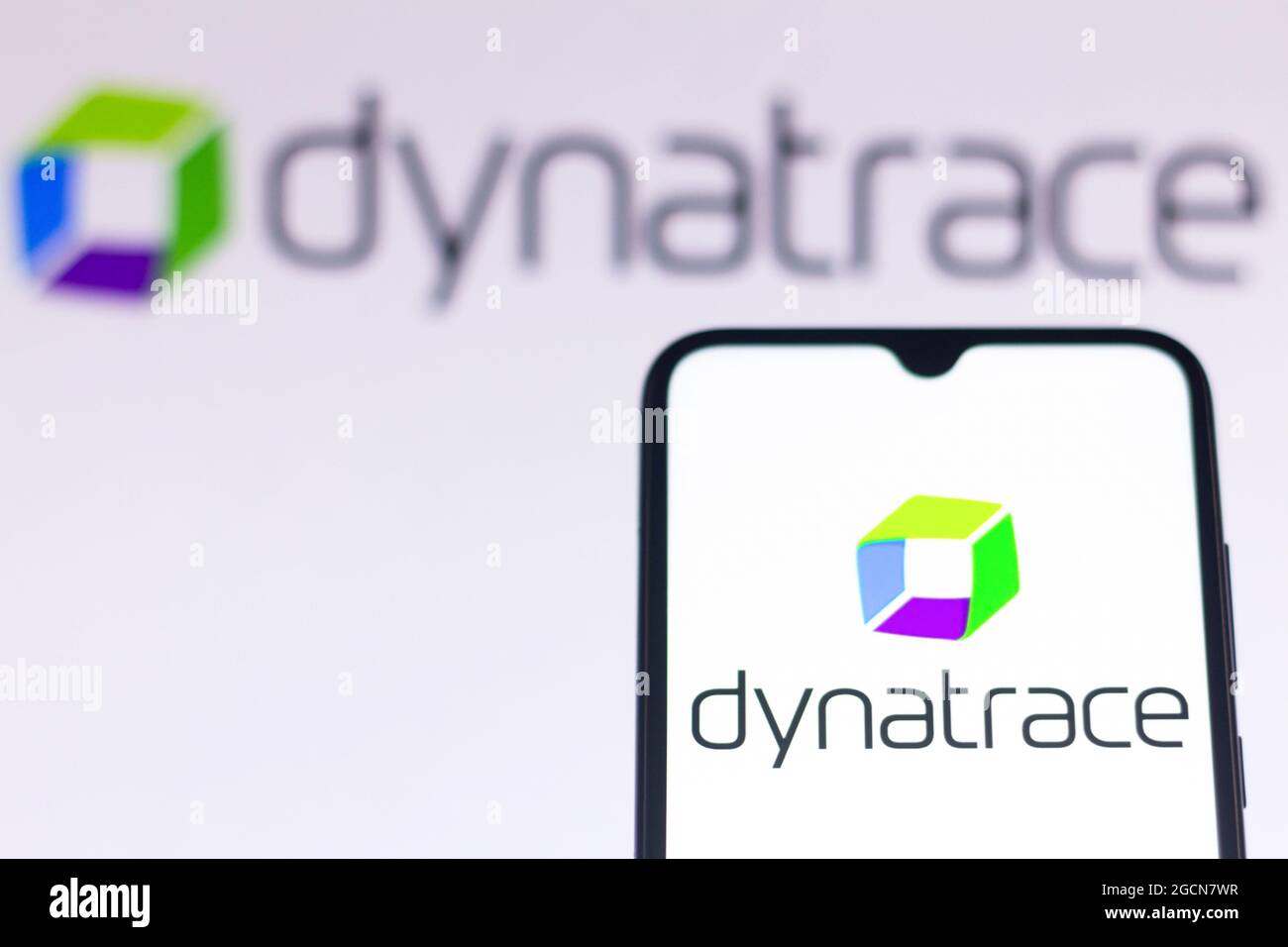 In this photo illustration, the Dynatrace logo seen displayed on a smartphone. (Photo by Rafael ...