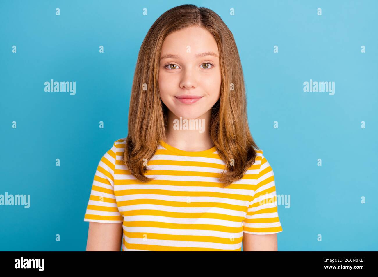 Photo of satisfied school person nice kind smile look camera isolated ...