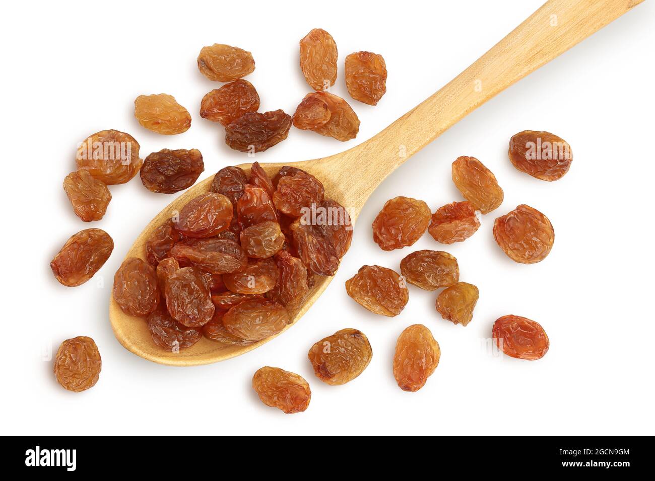Brown raisins in wooden spoon isolated on white background with ...