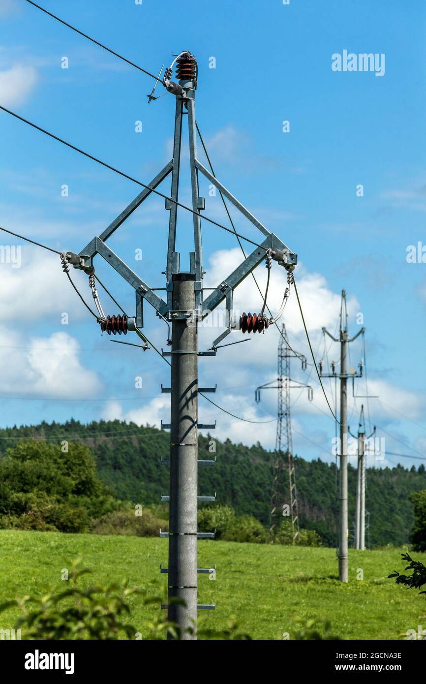 Green pasture, blue sky and power lines in the Czech countryside ...