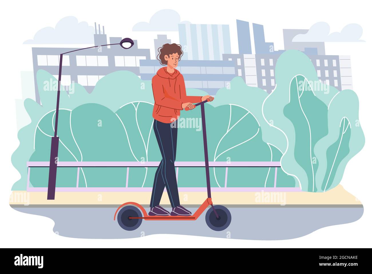 Flat cartoon character rides kick scooter,city life scene vector ...