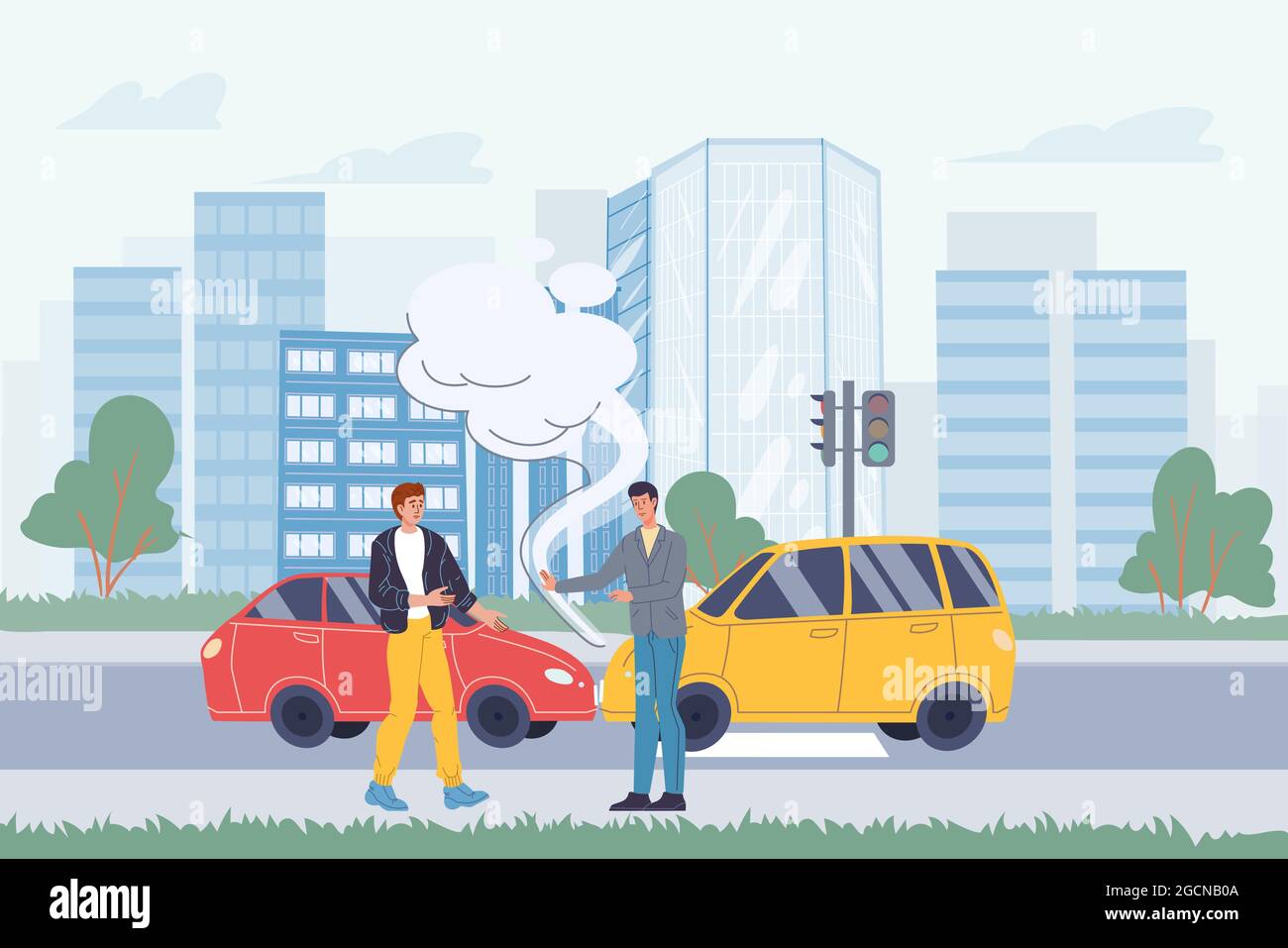 Flat cartoon characters in city life scene with road accident,vector ...