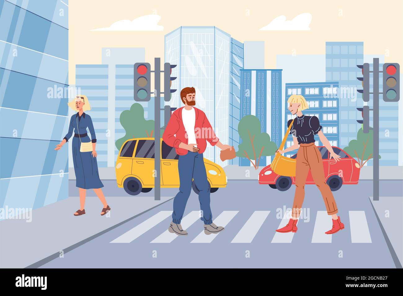 Flat cartoon characters in city life scene with road traffic,vector ...
