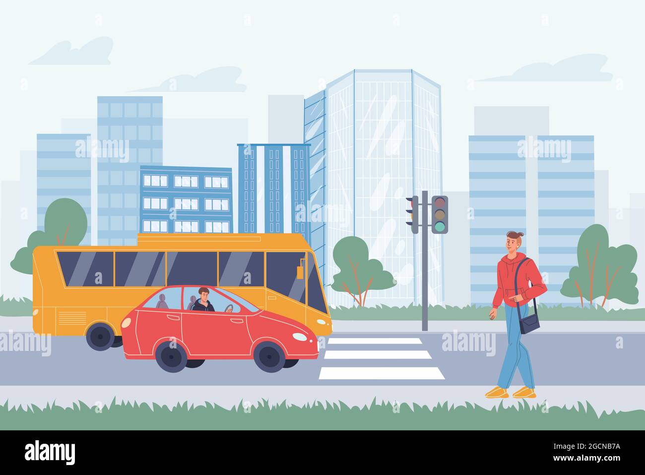 Flat cartoon characters in city life scene with road traffic,vector ...