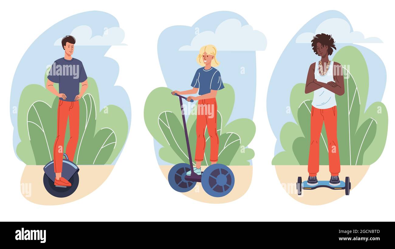 Set of flat cartoon characters ride modern vehicles,vector illustration ...