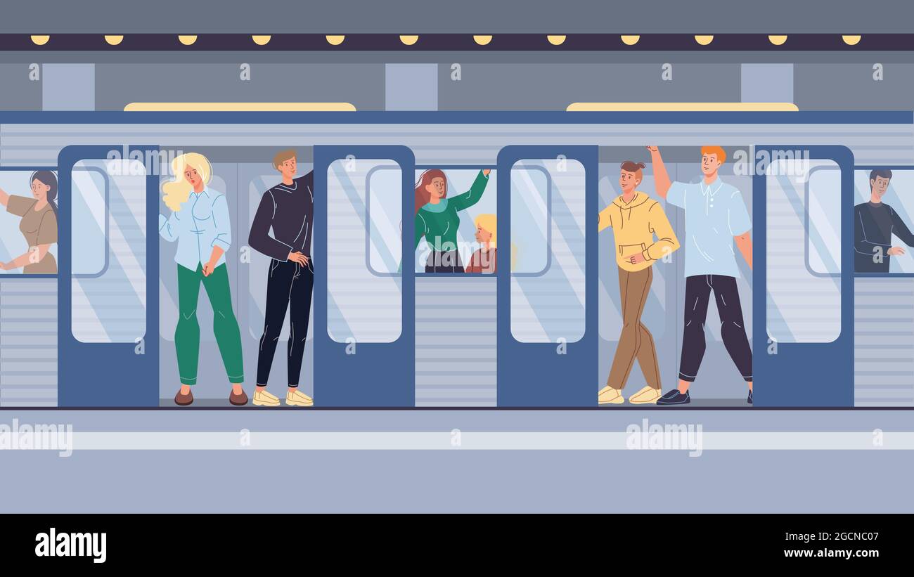 Flat cartoon characters in subway,city life scene vector illustration ...