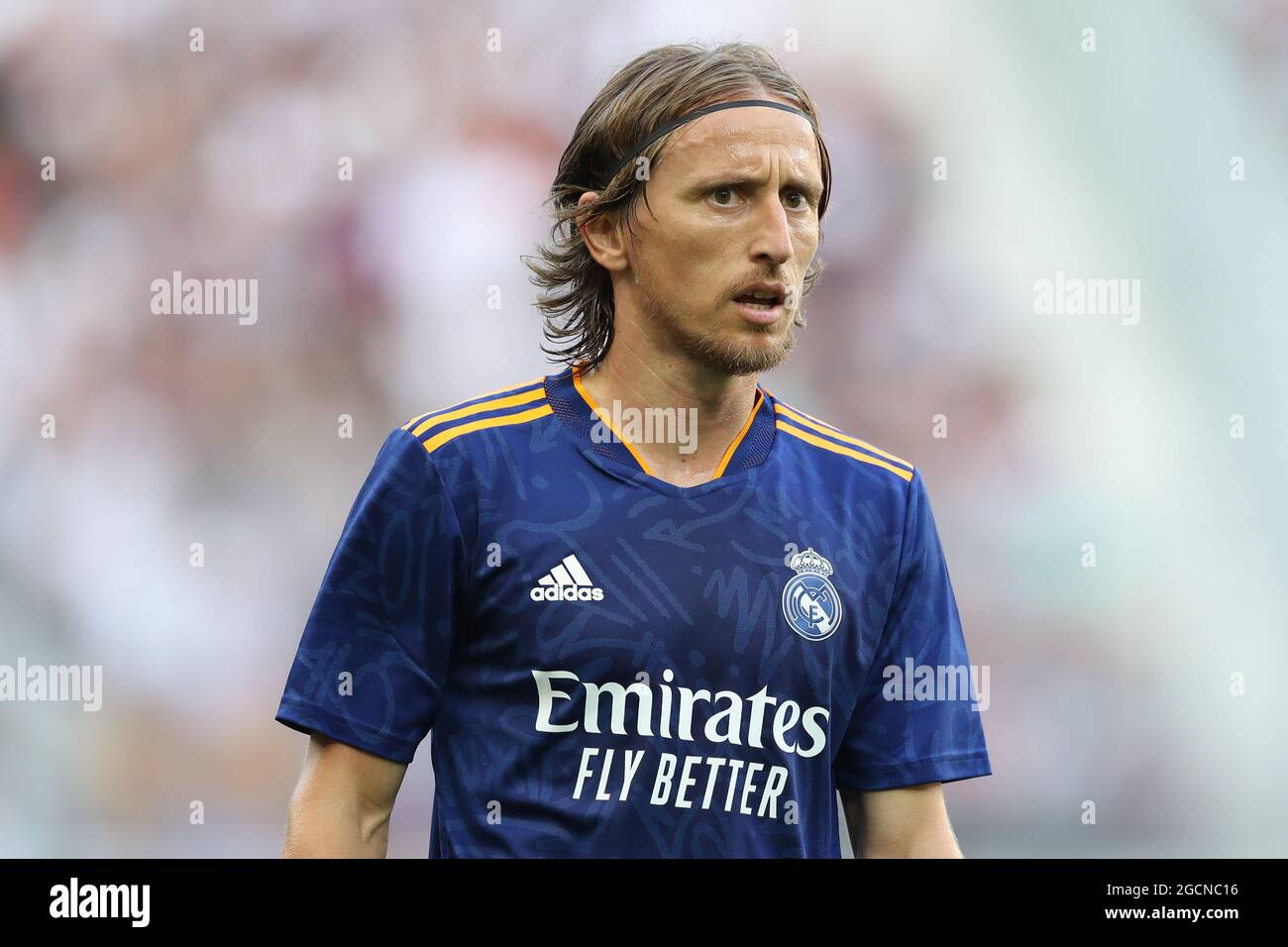 Klagenfurt, Austria, 8th August 2021. Luka Modric of Real Madrid looks ...