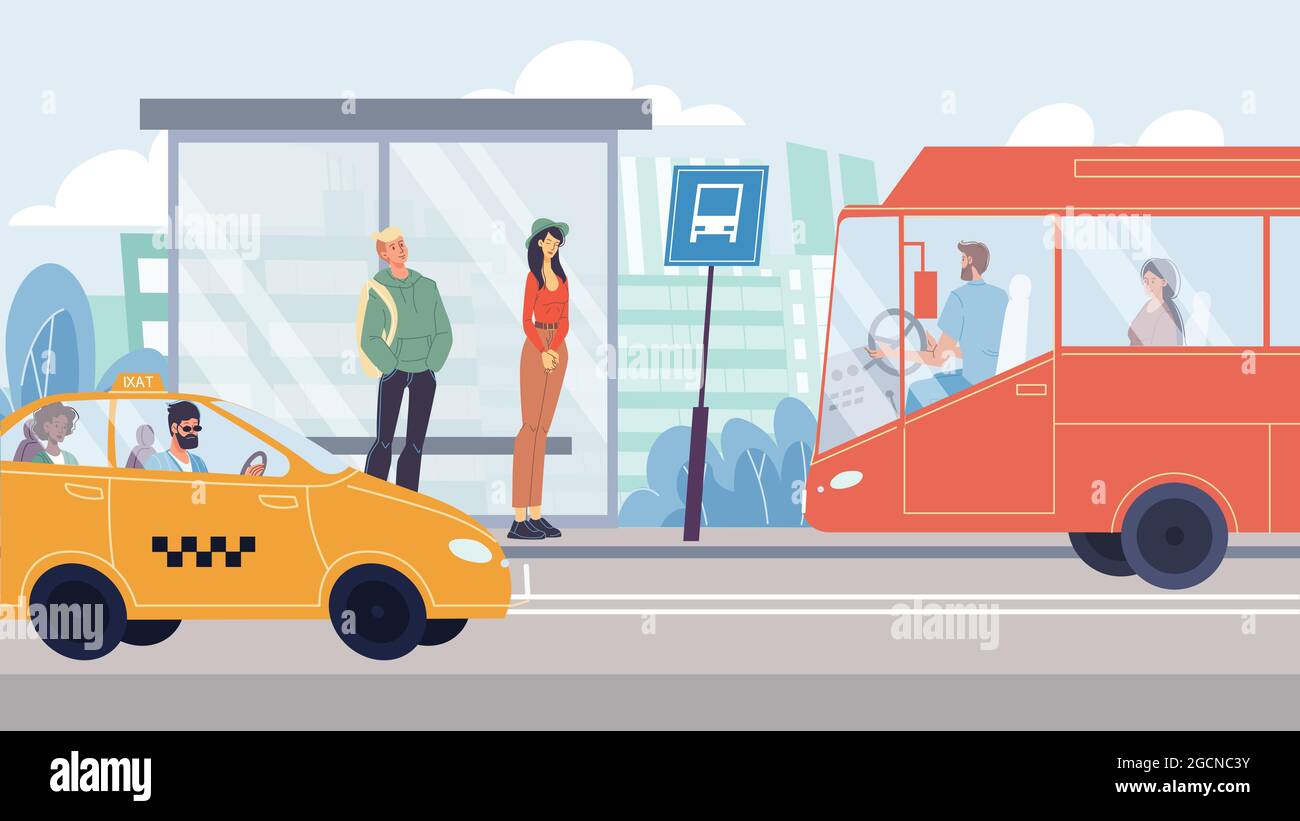 Flat cartoon characters in city life scene with bus stop,vector ...