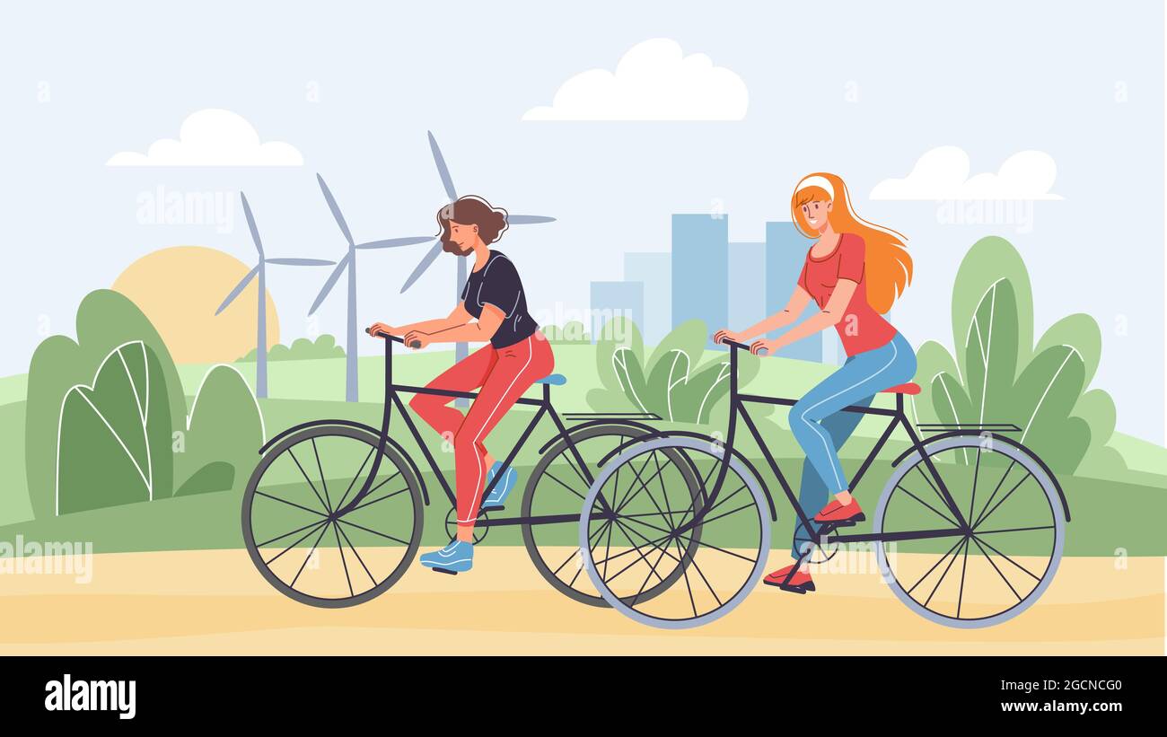 Flat cartoon characters ride bicycles,vector illustration concept Stock ...
