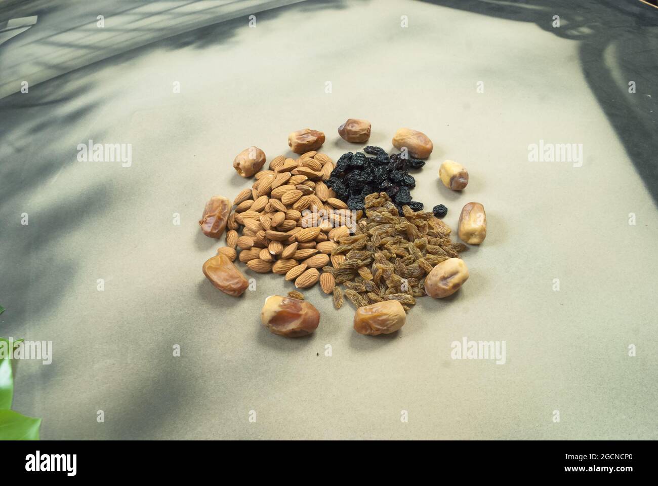 mix dry fruits nuts around dates isolated almonds black and brown ...