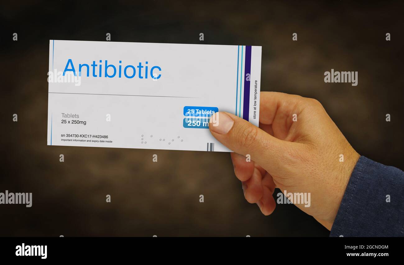 Antibiotic pack in hand. Medical infection therapy drug box. Abstract ...