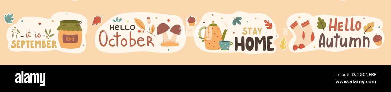 Fall season handwritten slogan stickers pack. Autumn phrases with cute ...
