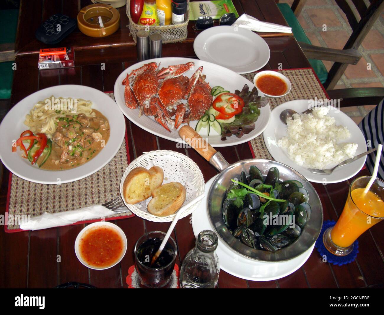 Fresh food served for dinner and presented on a table in Sabang on the ...