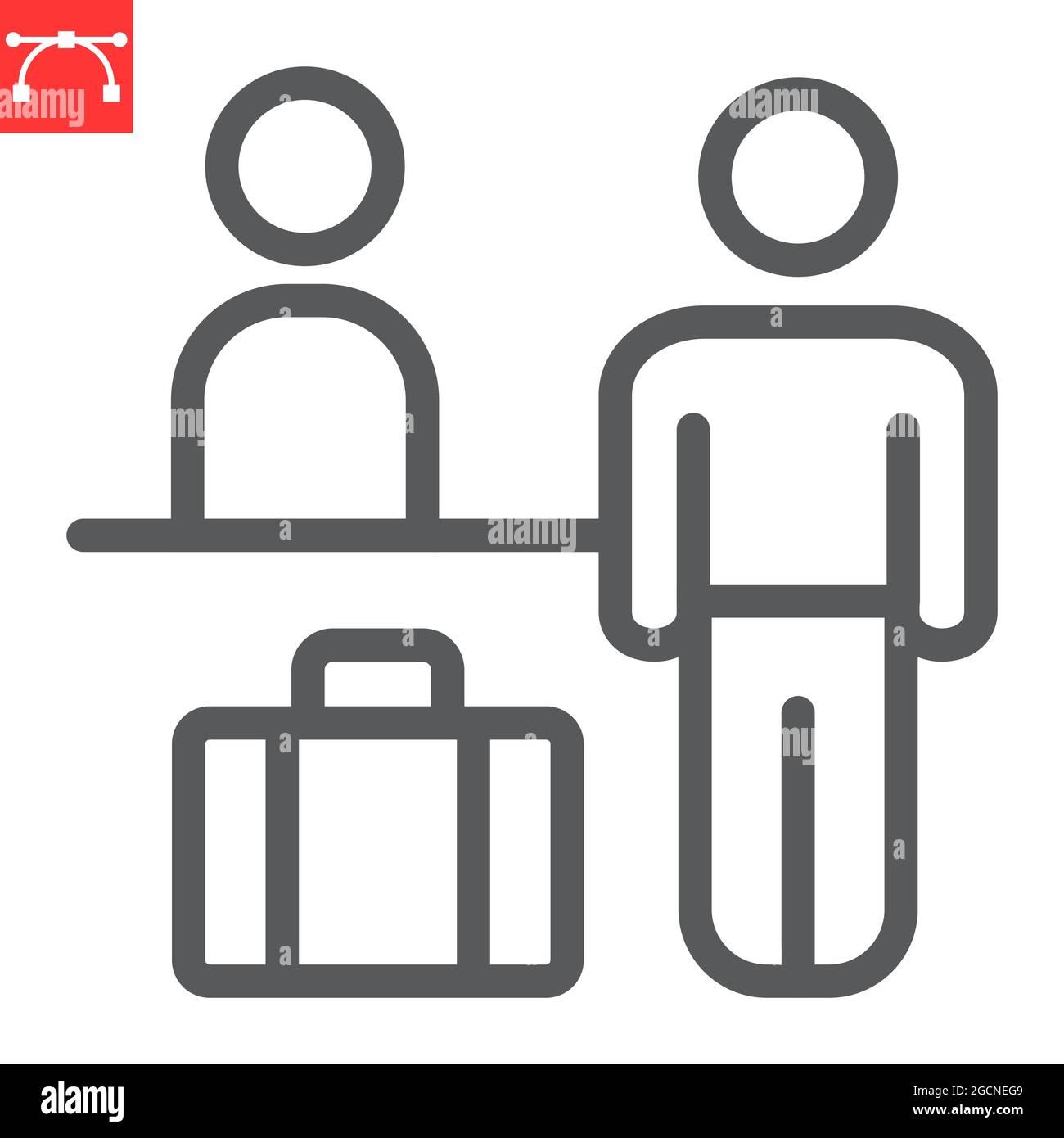 Airport check in line icon, person with luggage at registration desk ...