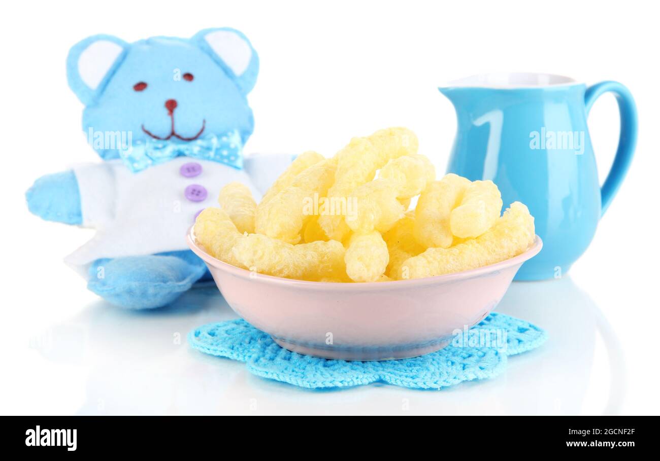 Air corn sticks in bowl isolated on white Stock Photo - Alamy