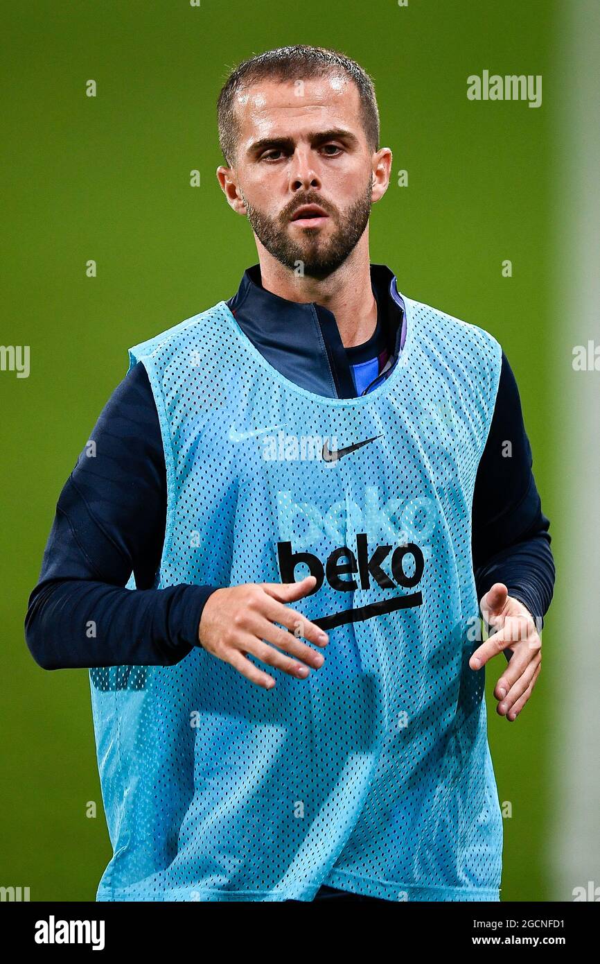 Sant Joan Despi, Spain. 08 August 2021. Miralem Pjanic looks on during the pre-season friendly ...
