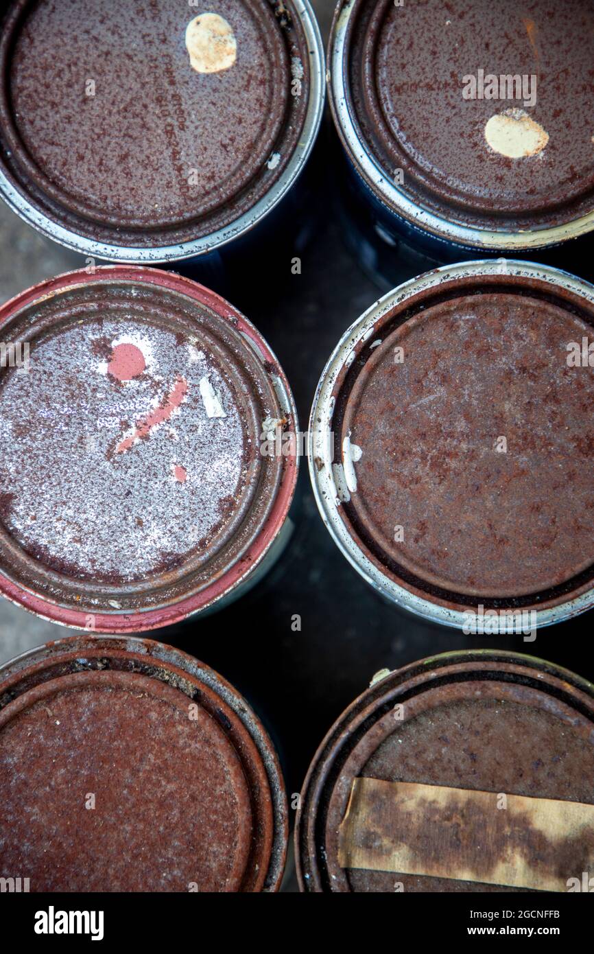 Old paint cans hi-res stock photography and images - Alamy