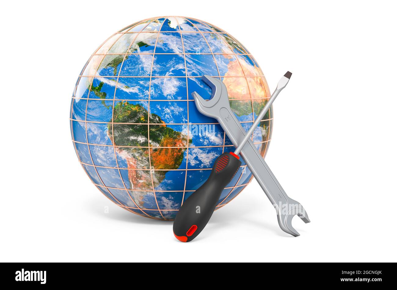 Screwdriver and wrench with Earth Globe, 3D rendering isolated on white ...