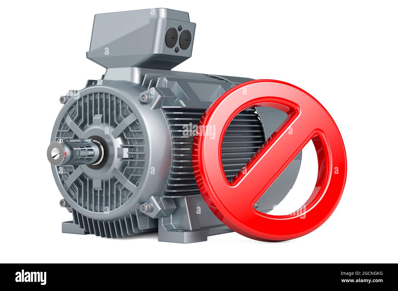 Prohibition symbol with electric motor. 3D rendering isolated on white ...