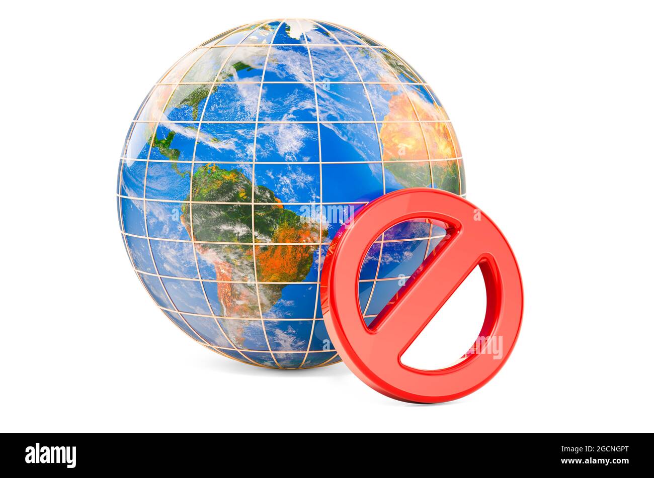 Forbidden symbol with Earth Globe, 3D rendering isolated on white ...