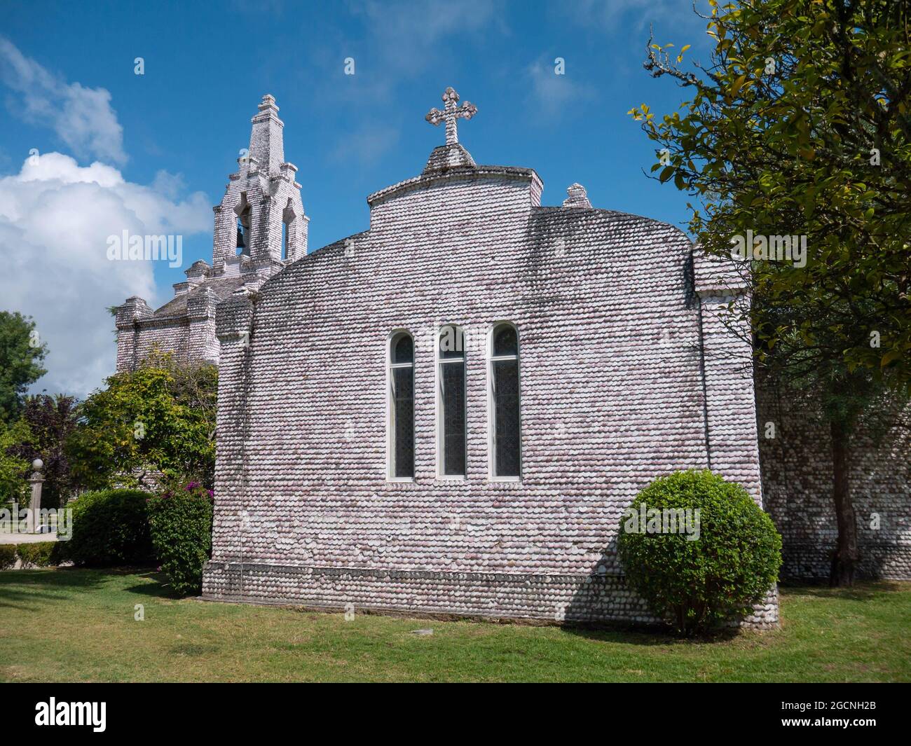 LA TOJA, SPAIN - JULY 24, 2021: Shrine covered with seashells at the La ...