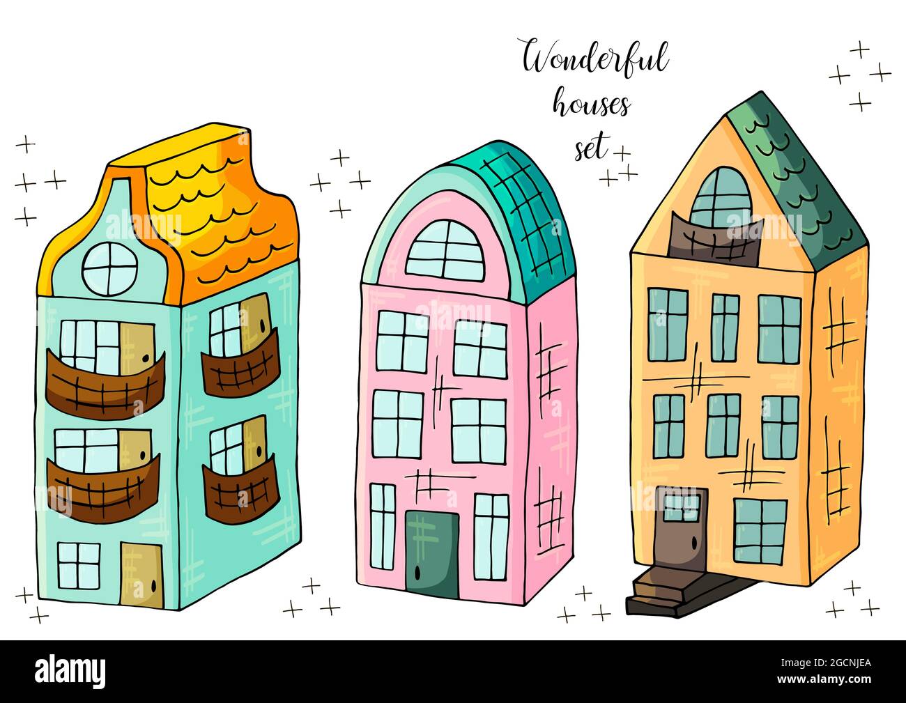 Set of illustrations of small houses in hand draw style. Collection of ...