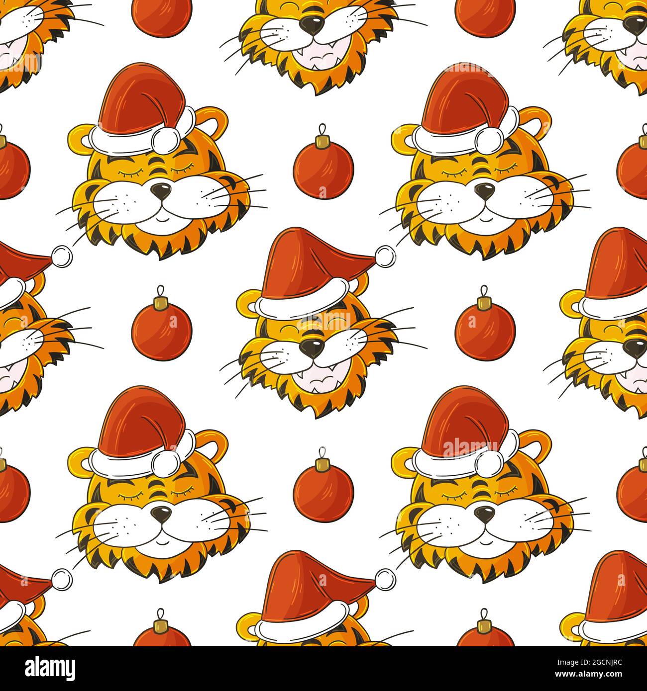 Seamless vector pattern with tigers heads in Christmas hats. Pattern in ...