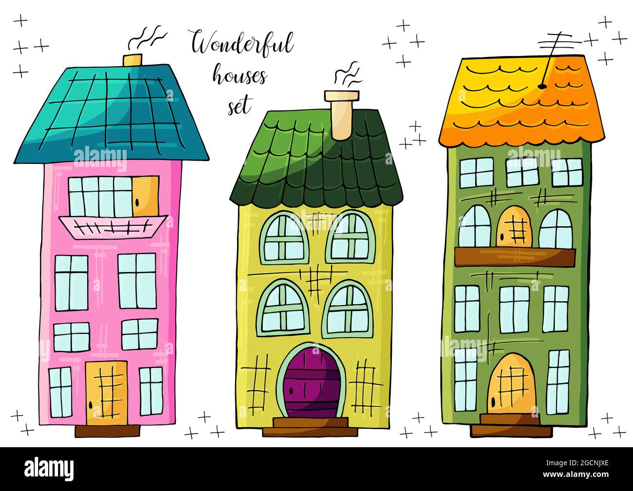 Set of illustrations of small houses in hand draw style. Collection of ...