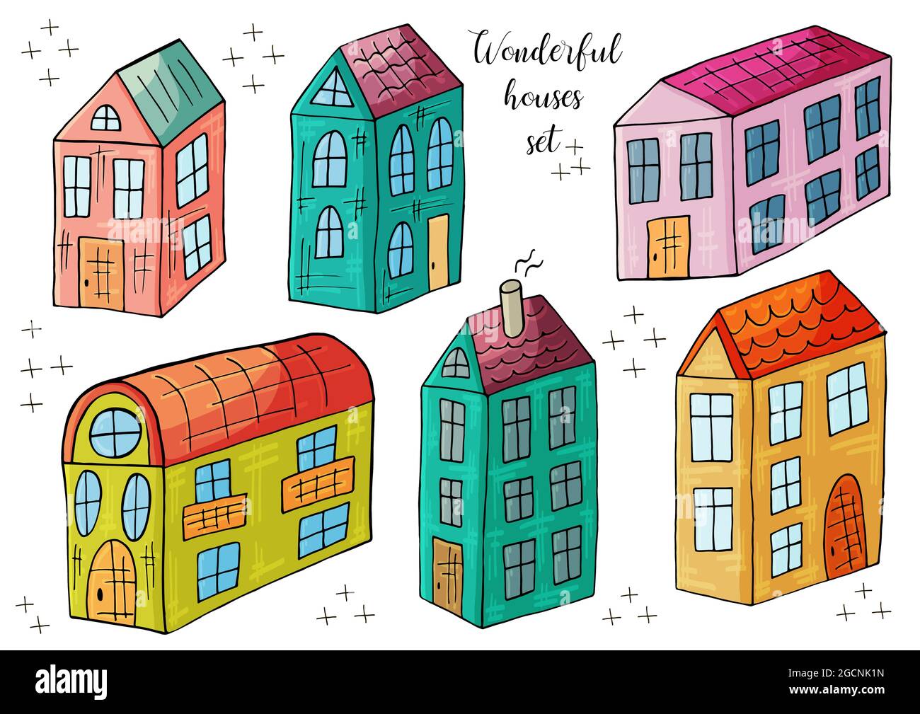 Set of illustrations of small houses in hand draw style. Collection of ...