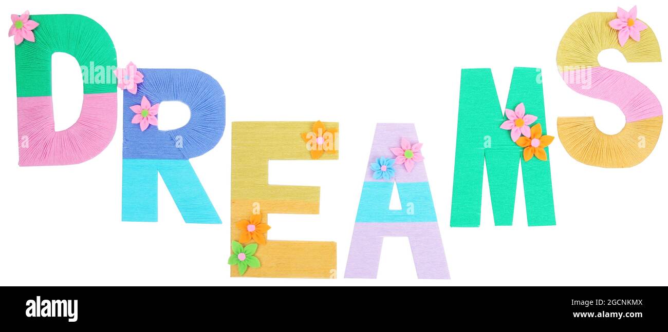 Word Dreams created with brightly colored knitting yard isolated on ...