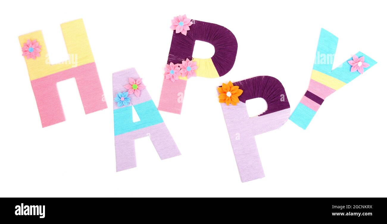 Word Happy created with brightly colored knitting yard isolated on ...
