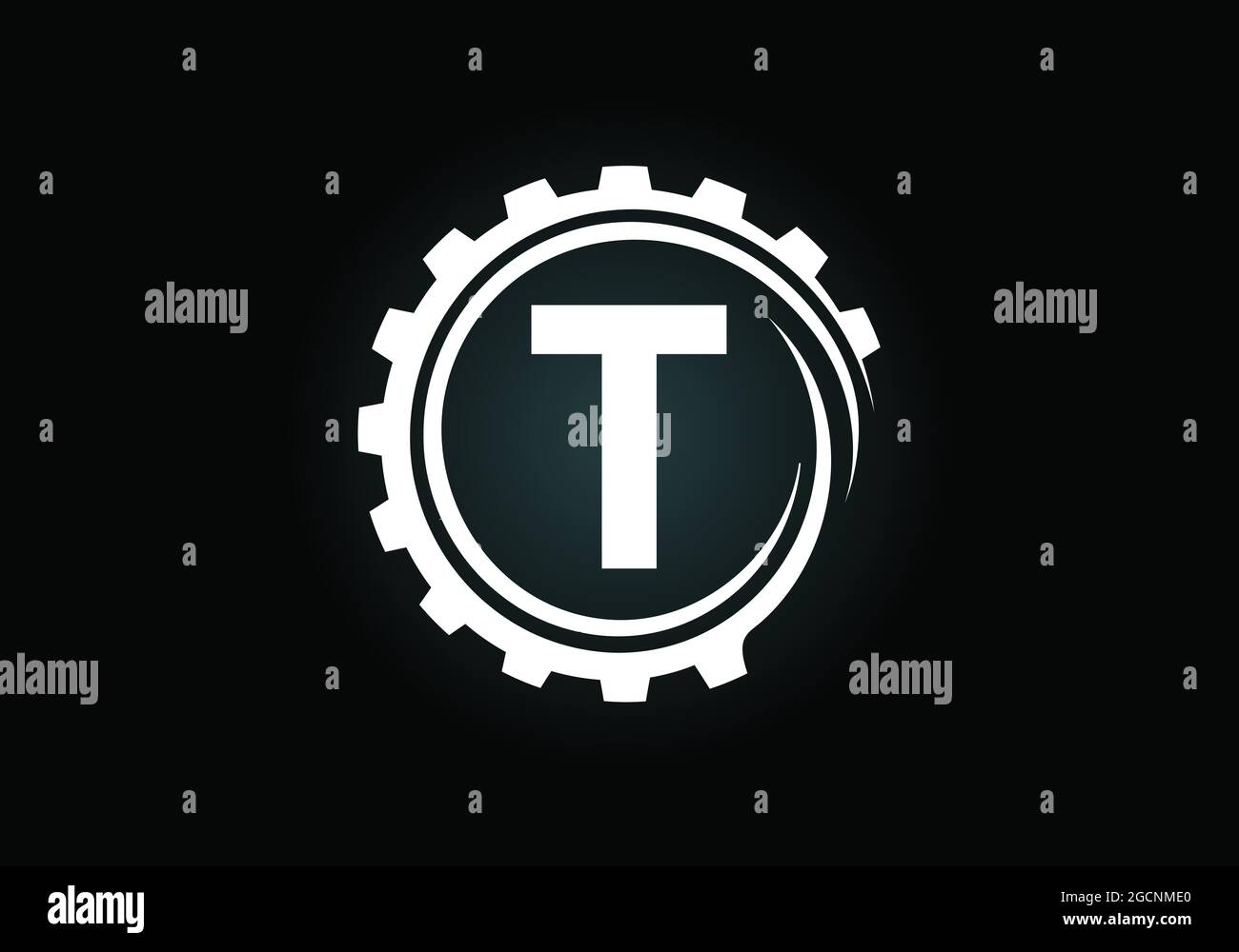 Initial T monogram alphabet in a gear spiral. Gear engineer logo design ...