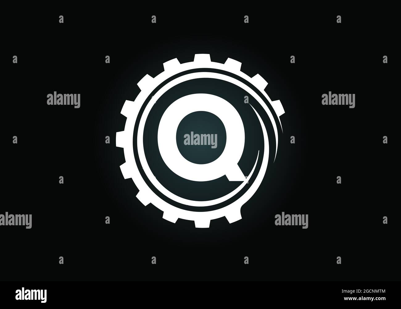 Initial Q monogram alphabet in a gear spiral. Gear engineer logo design ...