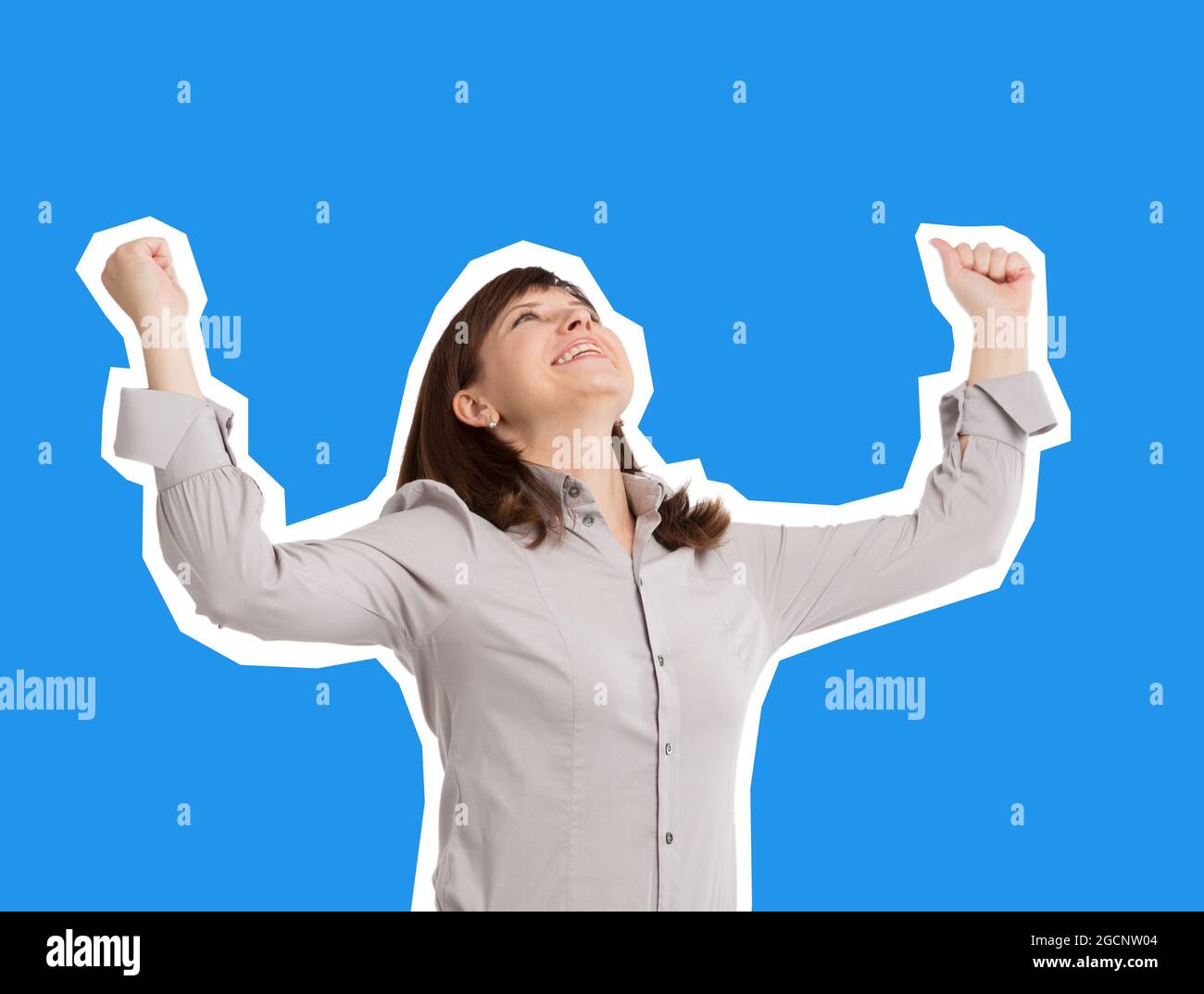 Smiling and excited young woman showing happiness and success. Magazine ...