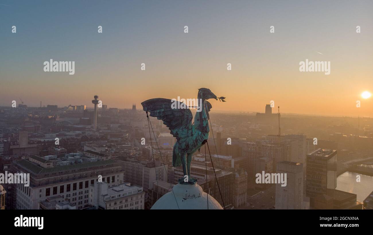 LIVERPOOL, UNITED KINGDOM - Jan 01, 2020: an aerial image of the Liver ...