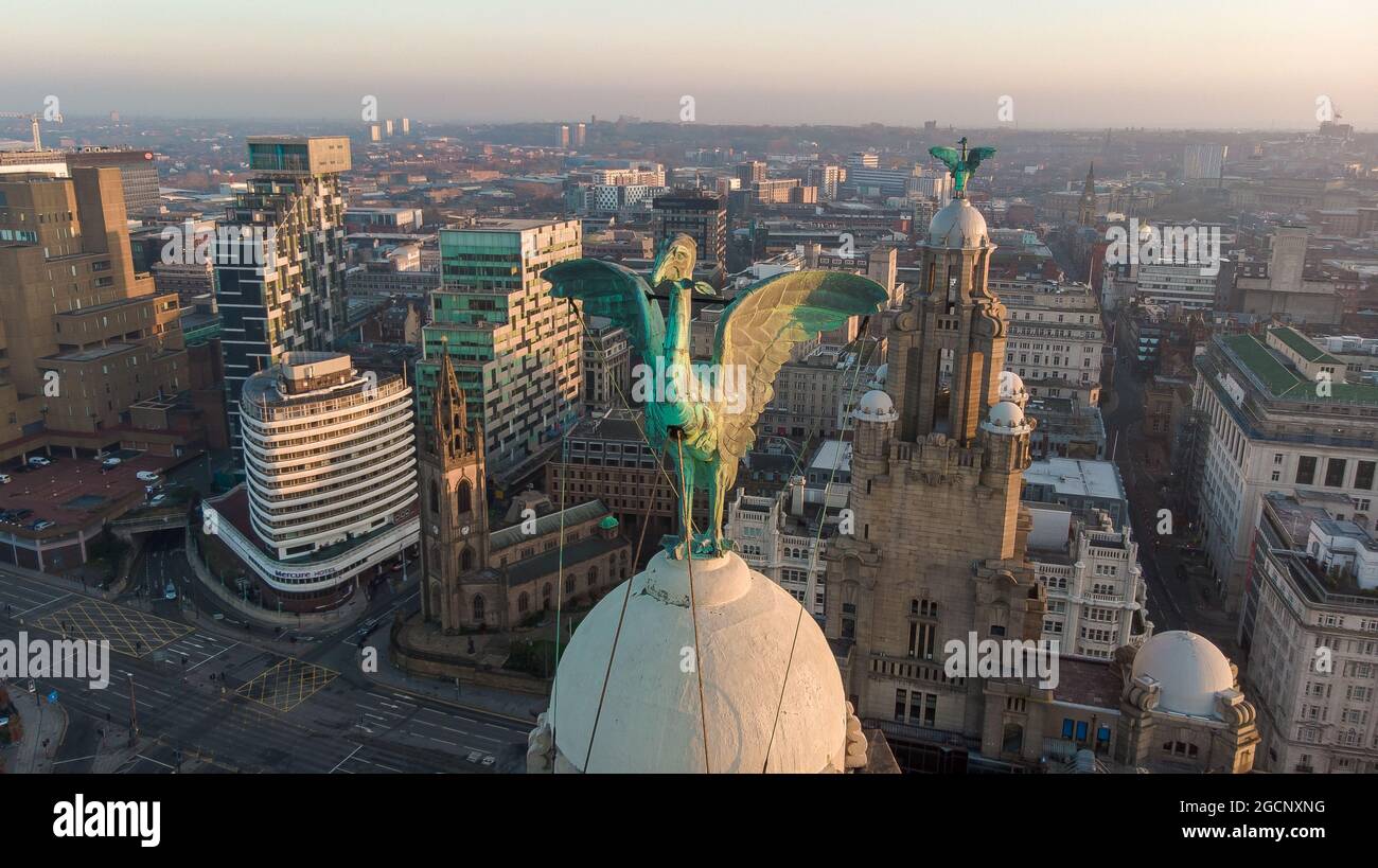 LIVERPOOL, UNITED KINGDOM - Jan 01, 2020: an aerial image of the Liver ...