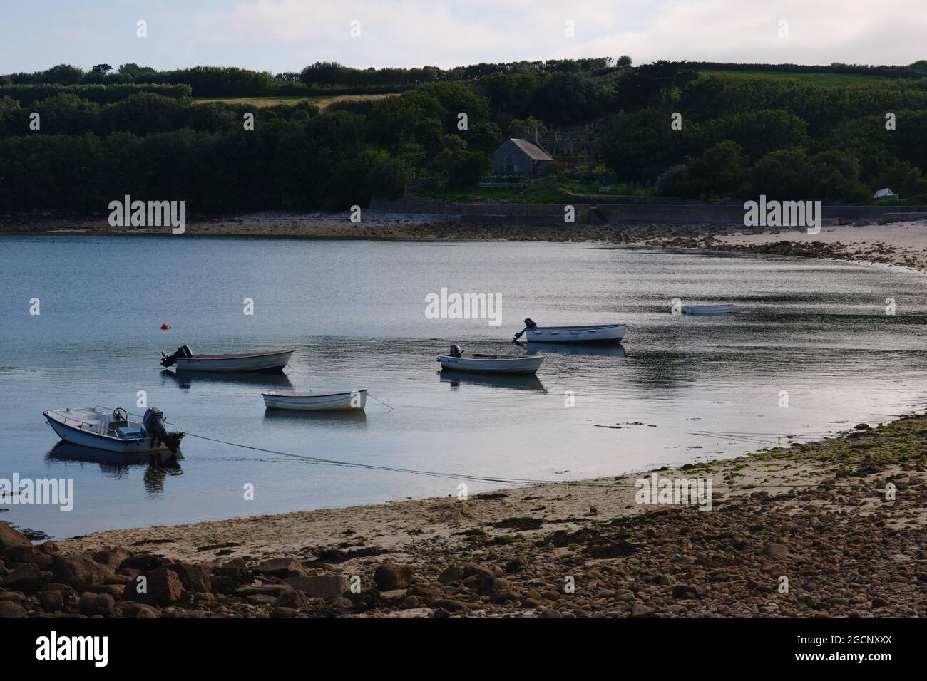 Boats on Old Town bay, St Mary's island, Isles of Scilly, Cornwall ...