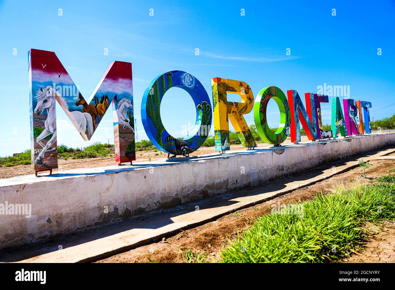 Monumental colored letters with the name of the Moroncarit community in ...