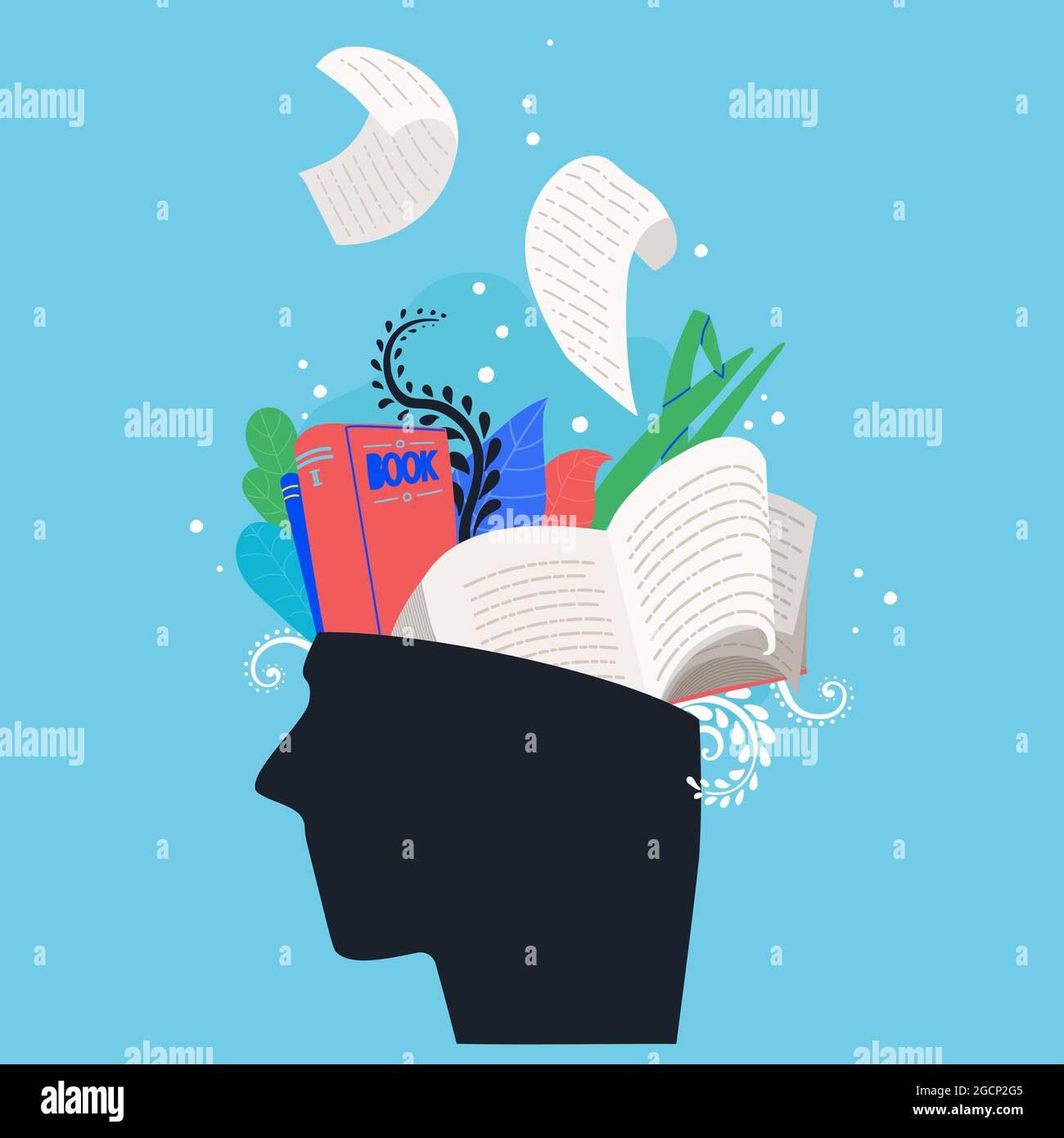 Reading, study and knowledge concept. Human head with books and leaves ...