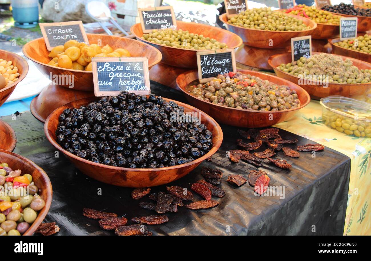 Olives for sale at a market in Chamonix, France Stock Photo - Alamy