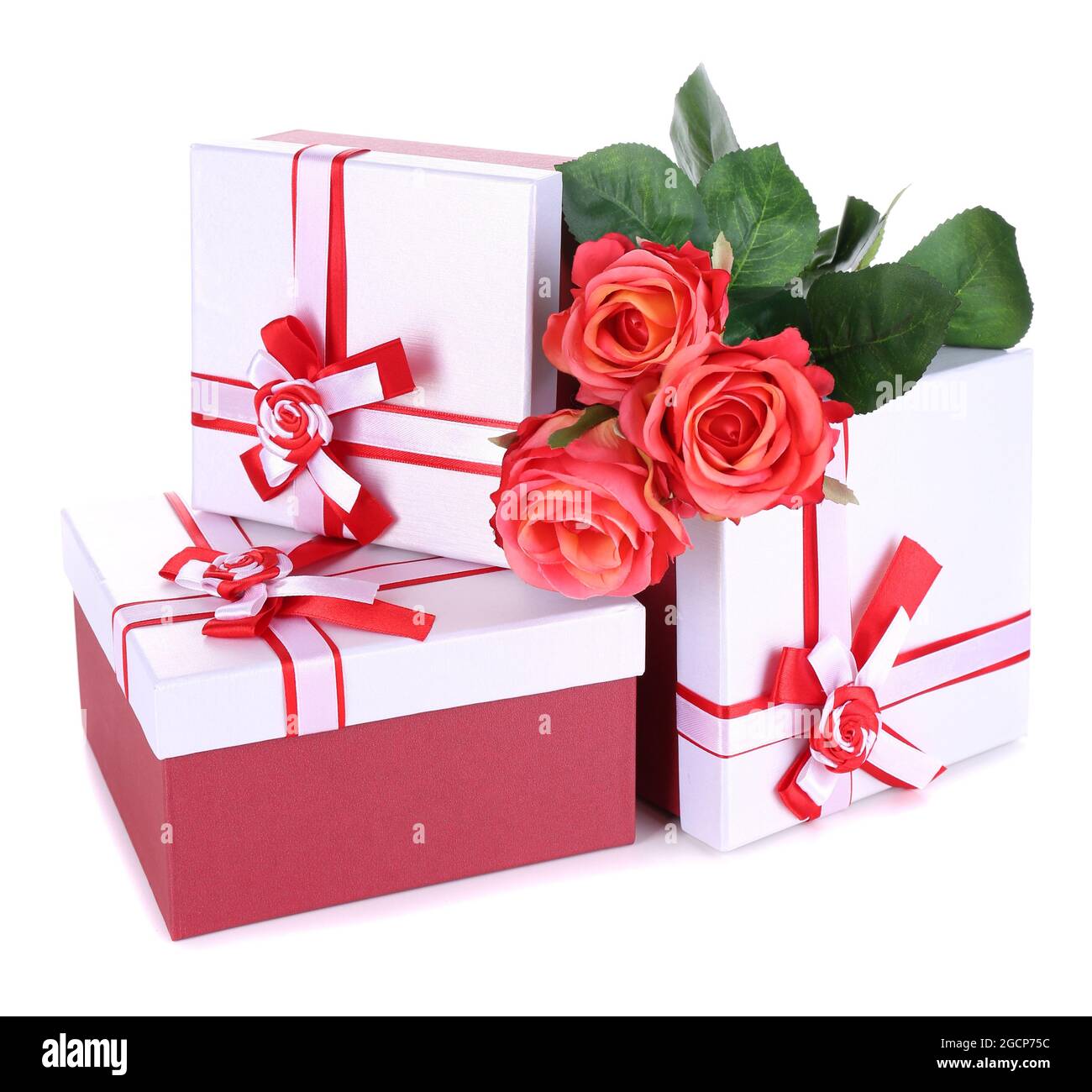 Beautiful gift boxes with flowers isolated on white Stock Photo - Alamy