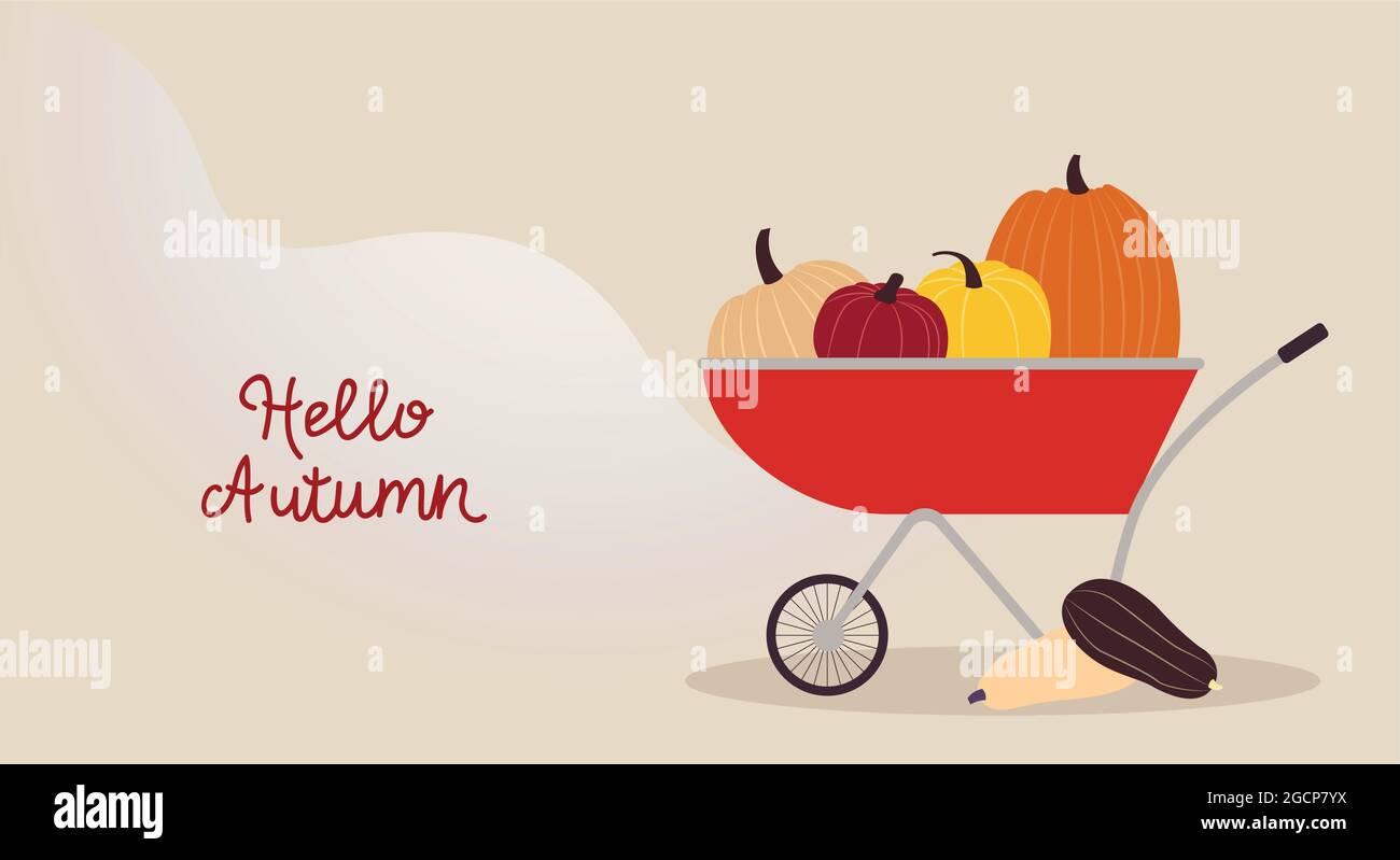 Autumn harvest in red trolley on wavy beige background. Pumpkins Vector ...